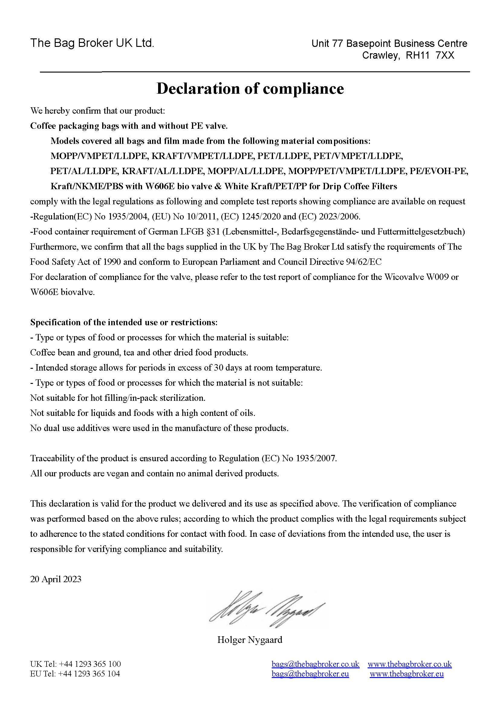 Declaration of Compliance | The Bag Broker UK