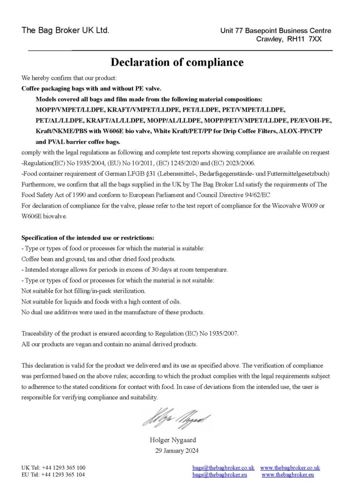 Declaration of Compliance | The Bag Broker UK